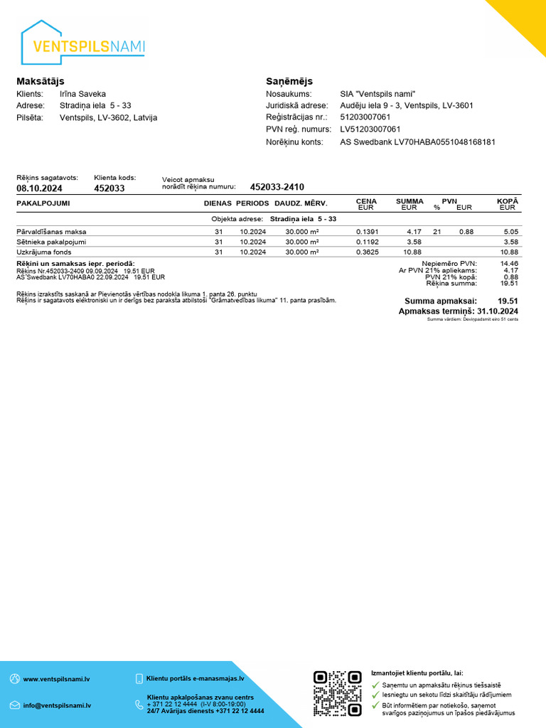 Maksātājs Saņēmējs: Pakalpojumi Summa Cena Daudz. Mērv. Kopā PVN Periods Stradiņa Iela 5 - 33 ...