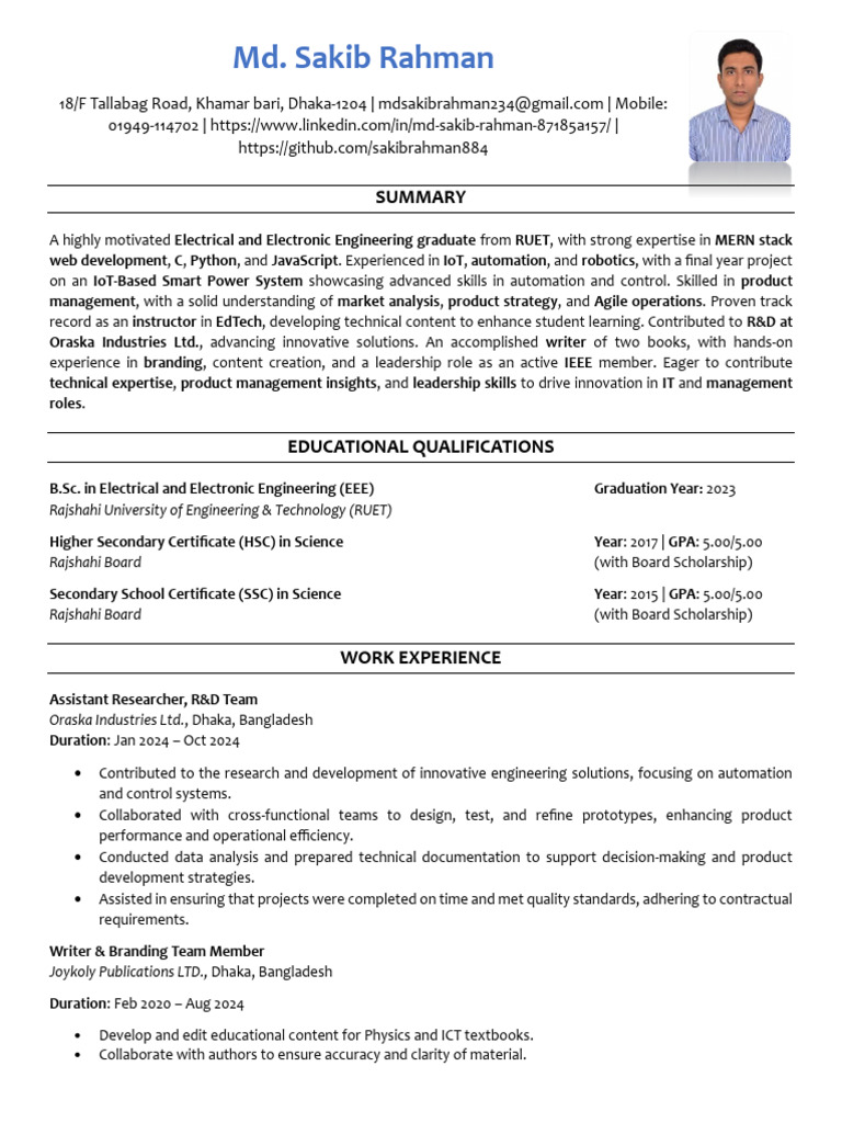 CV_Md Sakib Rahman | PDF | Power Station | Engineering