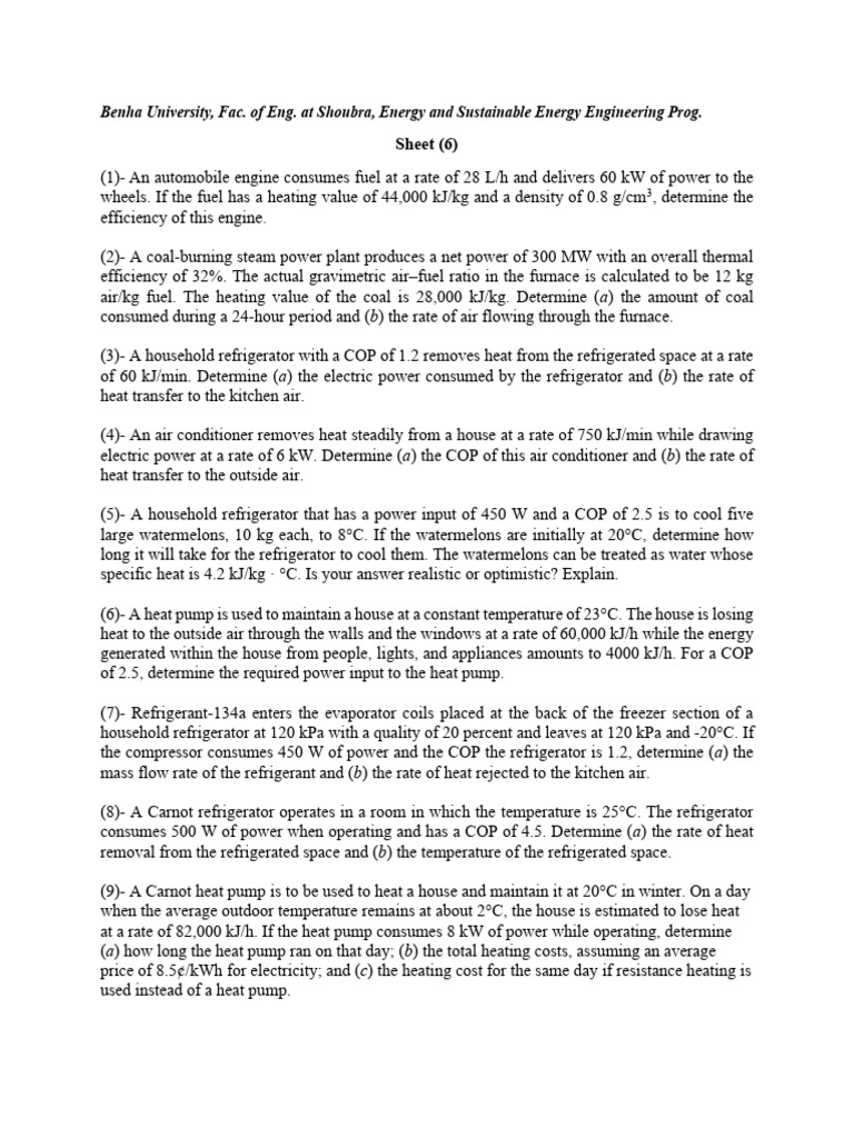 Sheet 6 Thermodynamics | PDF | Heat Pump | Refrigerator