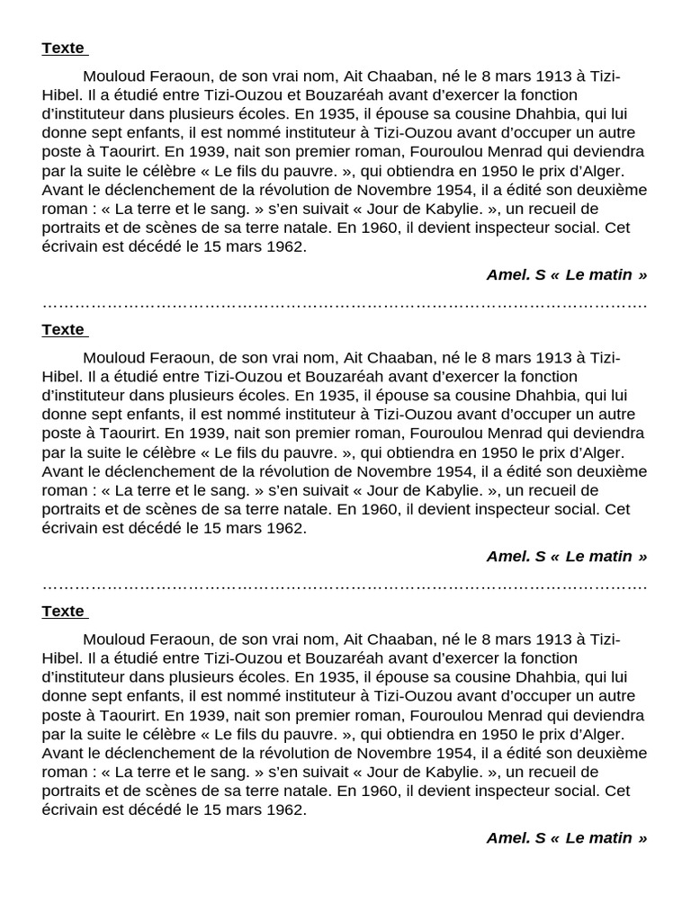 Mouloud Feraoun : Vie et Œuvres | PDF | Algérie | la Francophonie