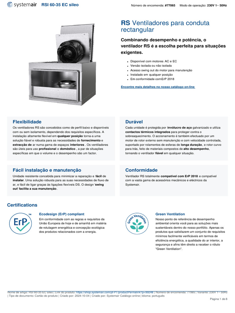 Systemair RSI 60-35 EC Sileo | PDF | Motores | Material composto
