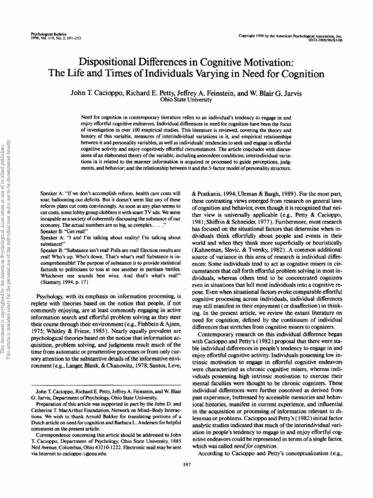Dispositional Differences in Cognitive Motivation: The Life and Times of Individuals Varying in ...