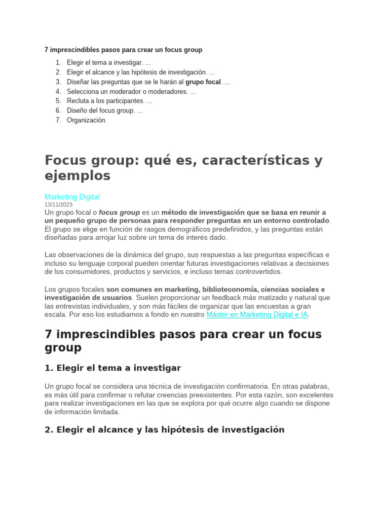 7 Imprescindibles Pasos para Crear Un Focus Group | PDF | Grupo de enfoque | Muestreo (Estadísticas)