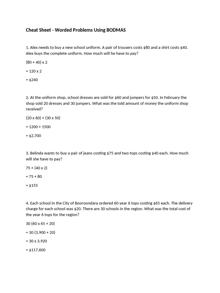 Cheat Sheet Worded Problems - Bodmas | PDF