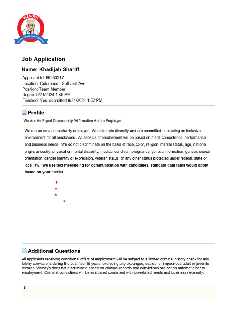 Khadijah Shariff Job Application | PDF | Criminal Record | Workweek And Weekend