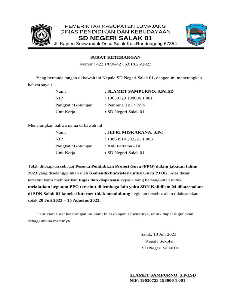 Surat Keterangan PPG Jefri | PDF
