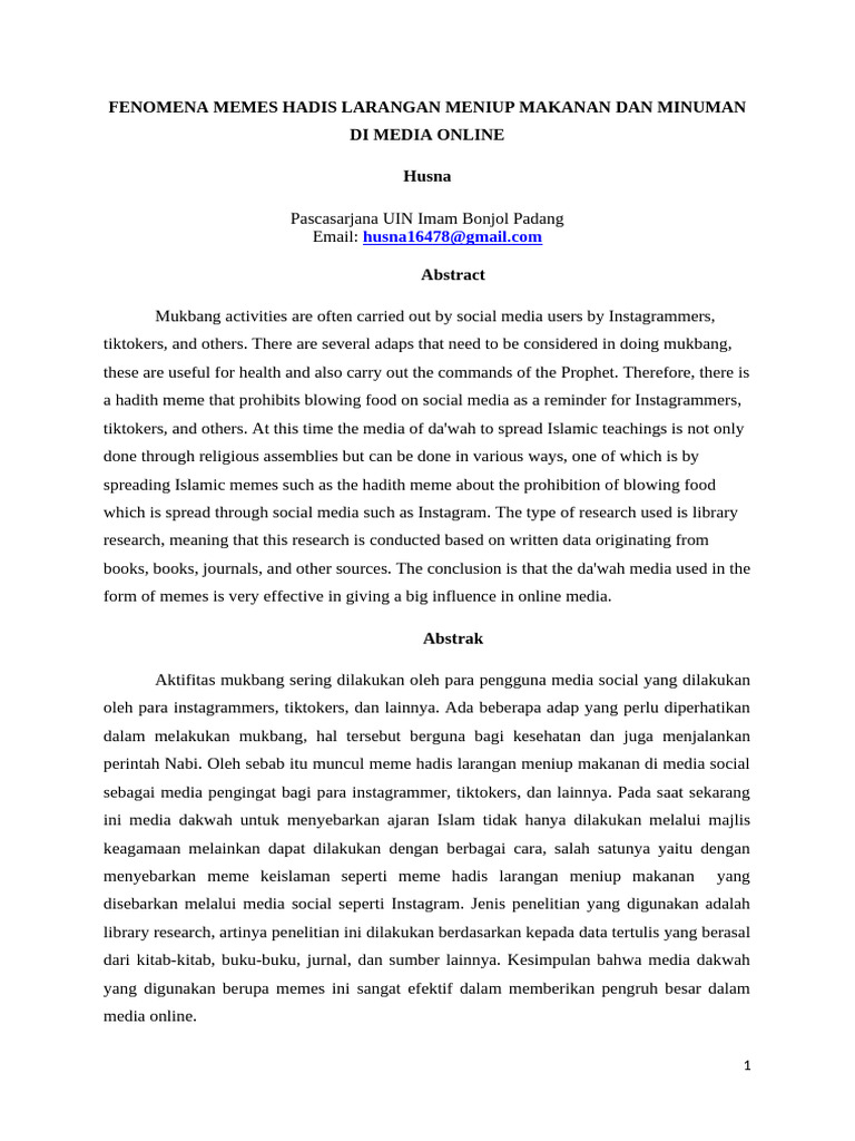 Meme Hadis Larangan Meniup Makanan Di Media Online | PDF