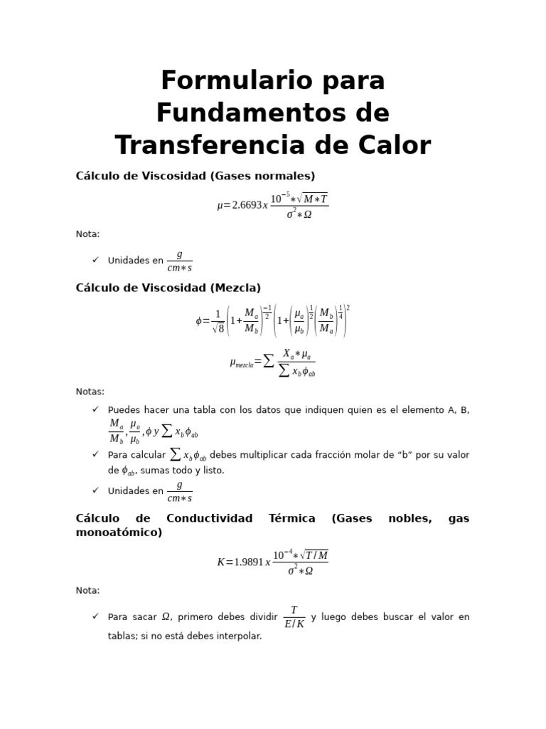 Formulario para Fundamentos de Transferencia de Calor | PDF | Transferencia de calor | Mecánica