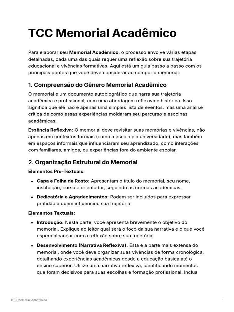 Guia para Memorial Acadêmico TCC | PDF | Narrativa | Aprendizado