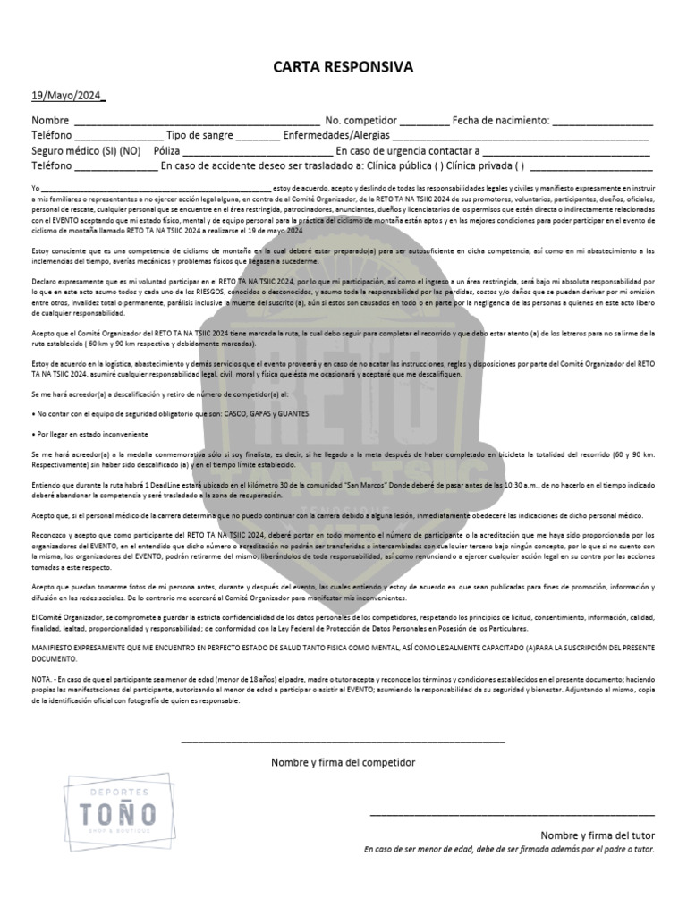 Carta Responsiva Reto Ta Na Tsiic 2024 | PDF | Menor (ley)