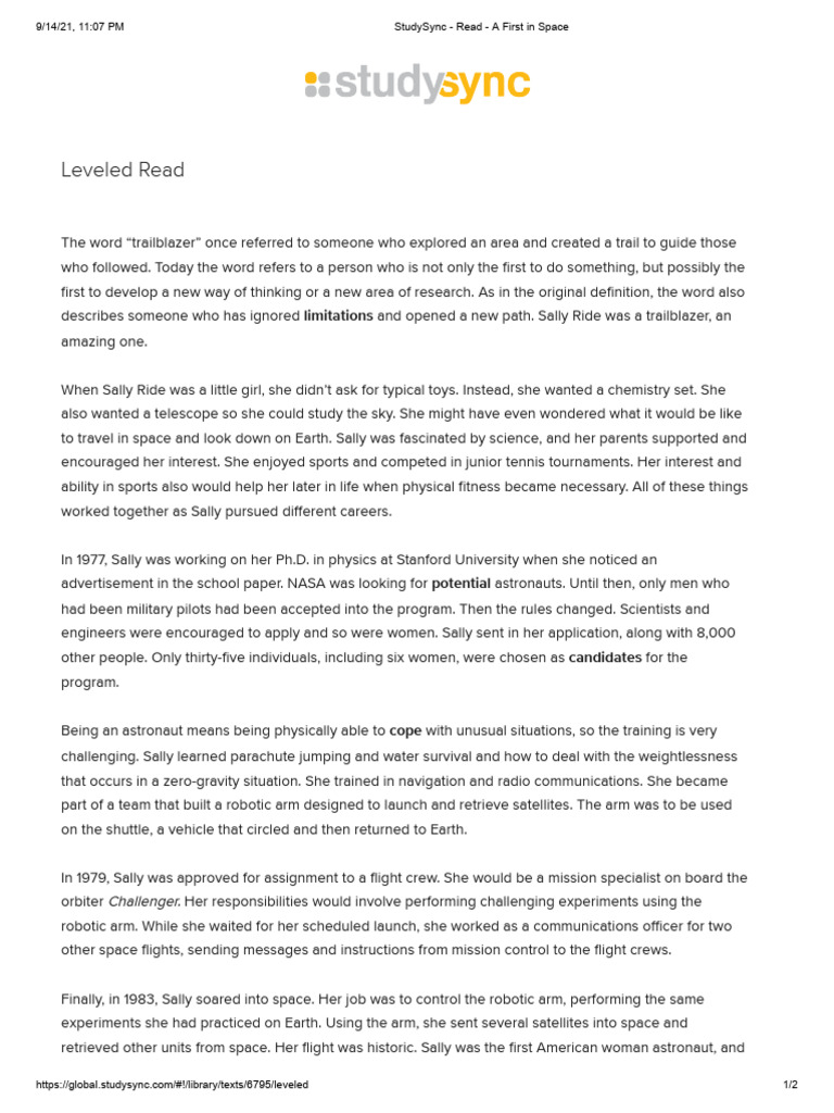 StudySync - Read - A First in Space | PDF | Space Shuttle Challenger ...