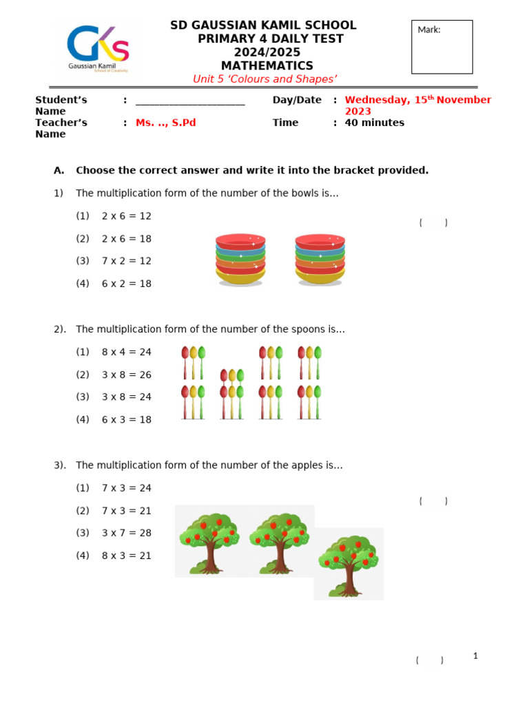 Daily Test P4 Math Chapter I | PDF | Mathematics