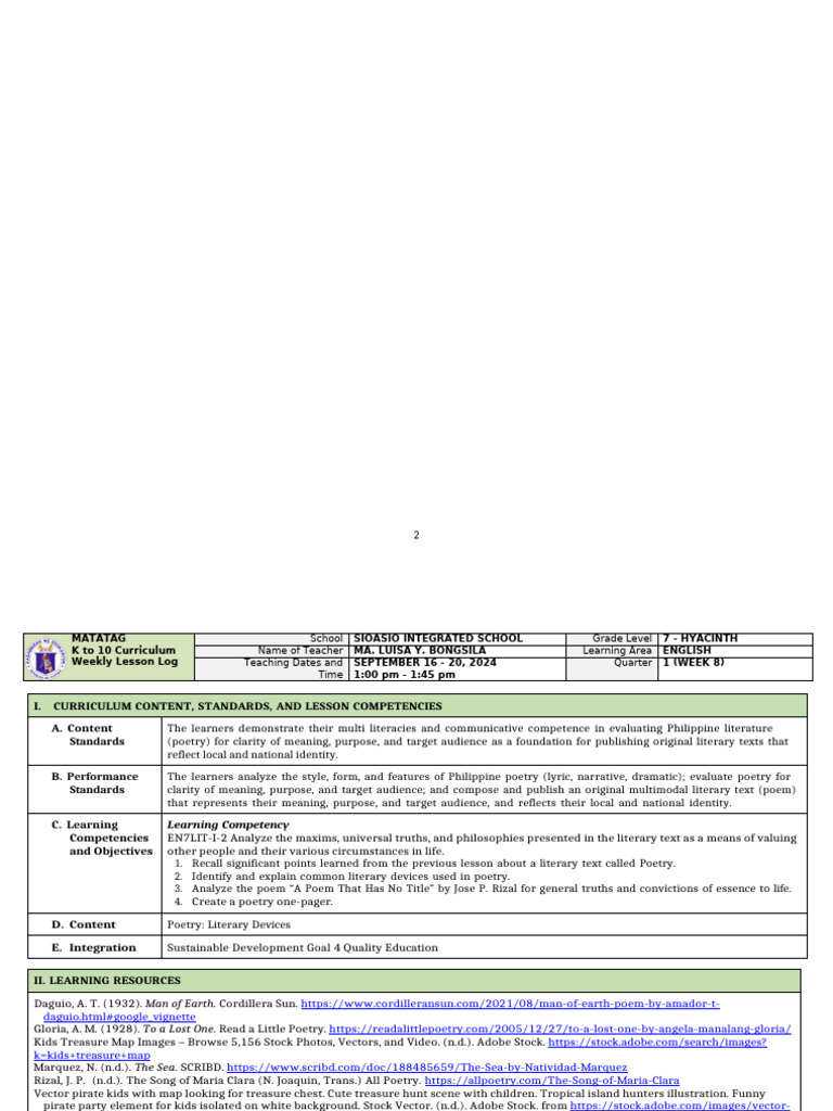 Q1 - LE - English 7 - Lesson 4 - Week 4 | PDF | Poetry | Learning