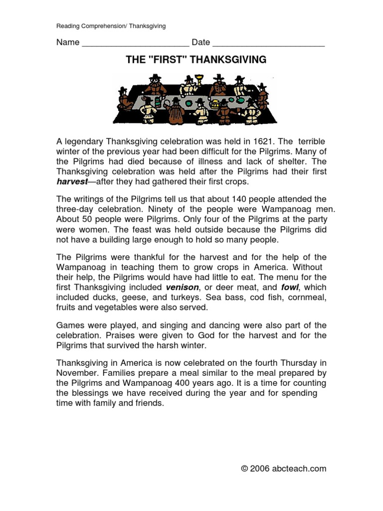 Thanksgiving Day Reading Comprehension | PDF | Thanksgiving | Foods