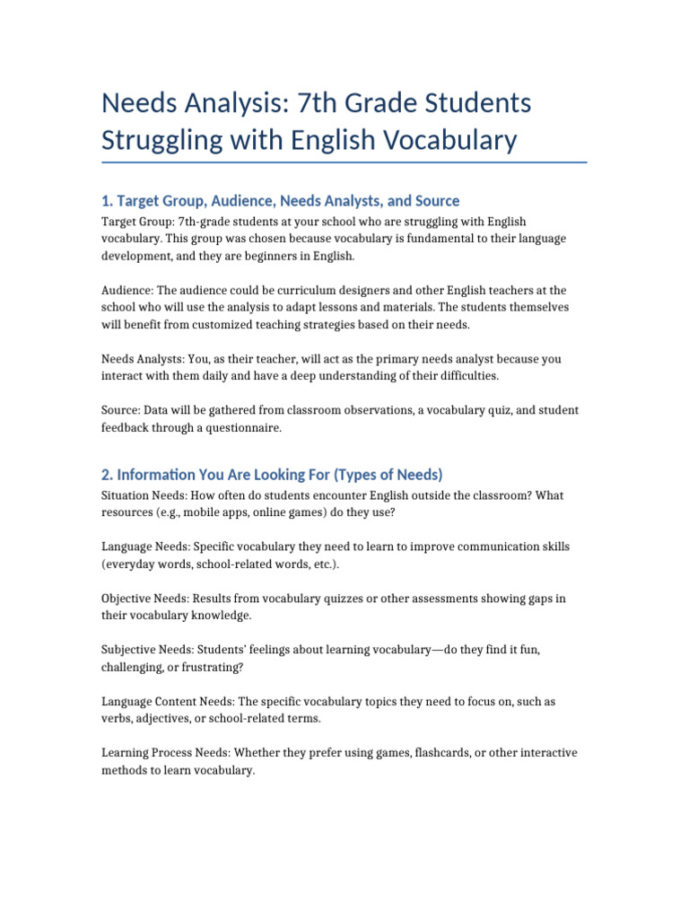 Needs Analysis 7th Grade Vocabulary | PDF | Vocabulary | English Language