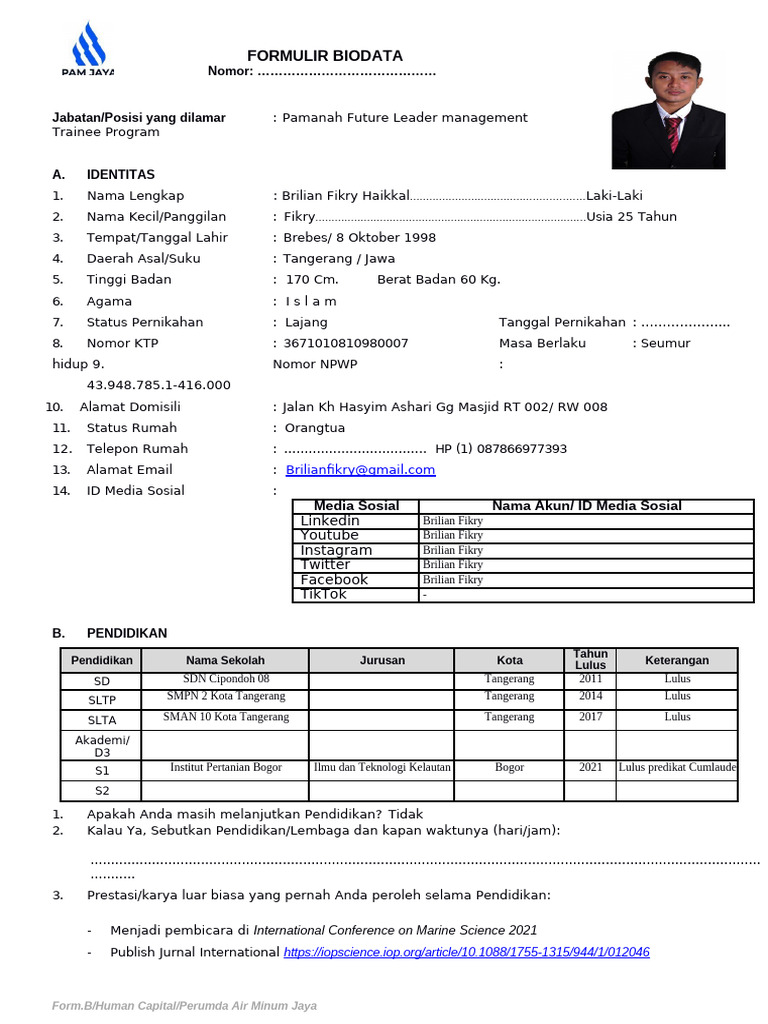 Form Biodata Human Capital-Brilian Fikry H | PDF