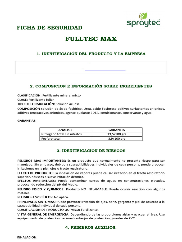 HOJA-DE-SEGURIDAD-FULLTEC-MAX | PDF | Fertilizante | Agua