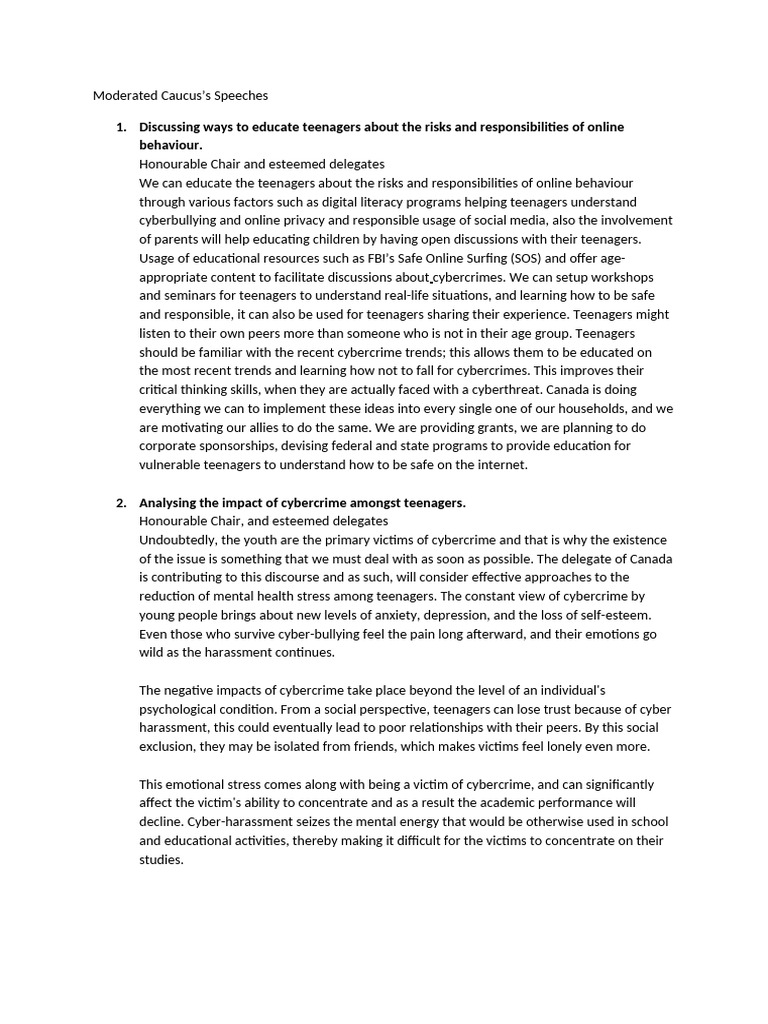 Moderated Caucus Speeches | PDF | Cyberbullying | Adolescence