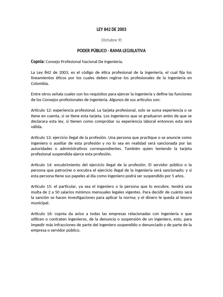 Ley 842 de 2003 | PDF