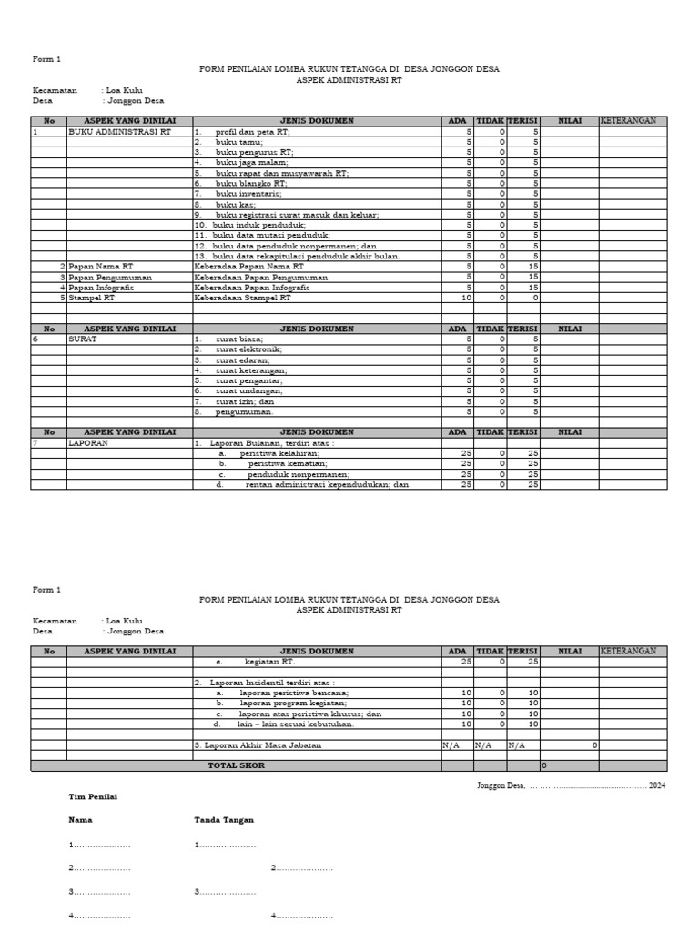 Form Penilaian Lomba RT Desa Jonggon Desa | PDF