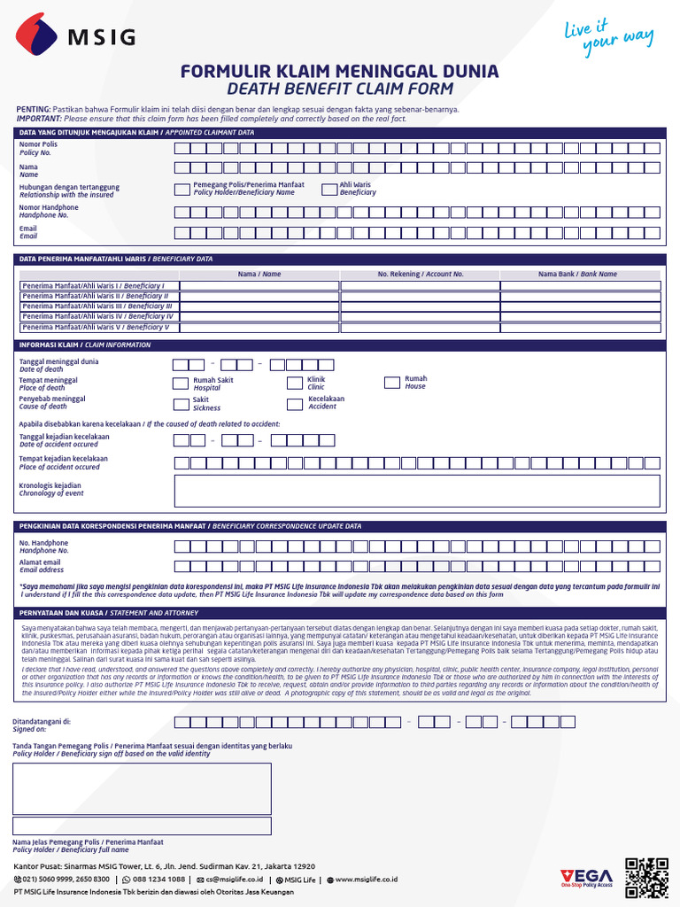 Form Claim Manfaat Meninggal Dunia - MSIG | PDF