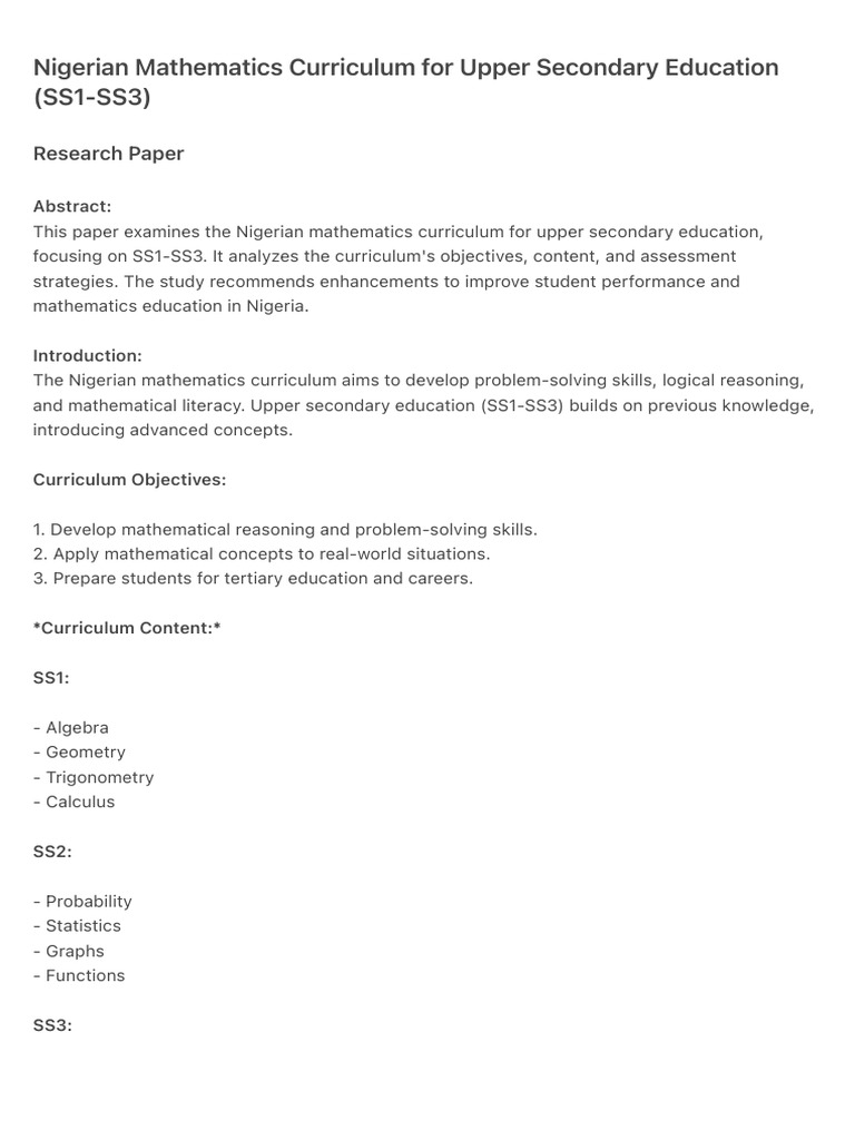 Nigerian Mathematics Curriculum For Upper Secondary Education (SS1 | PDF