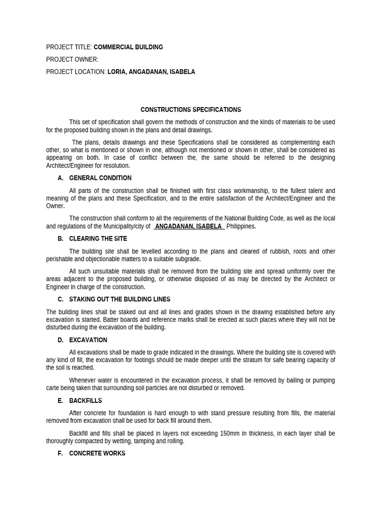 BUILDING CONSTRUCTION SPECIFICATIONS - Commercial | PDF | Concrete ...