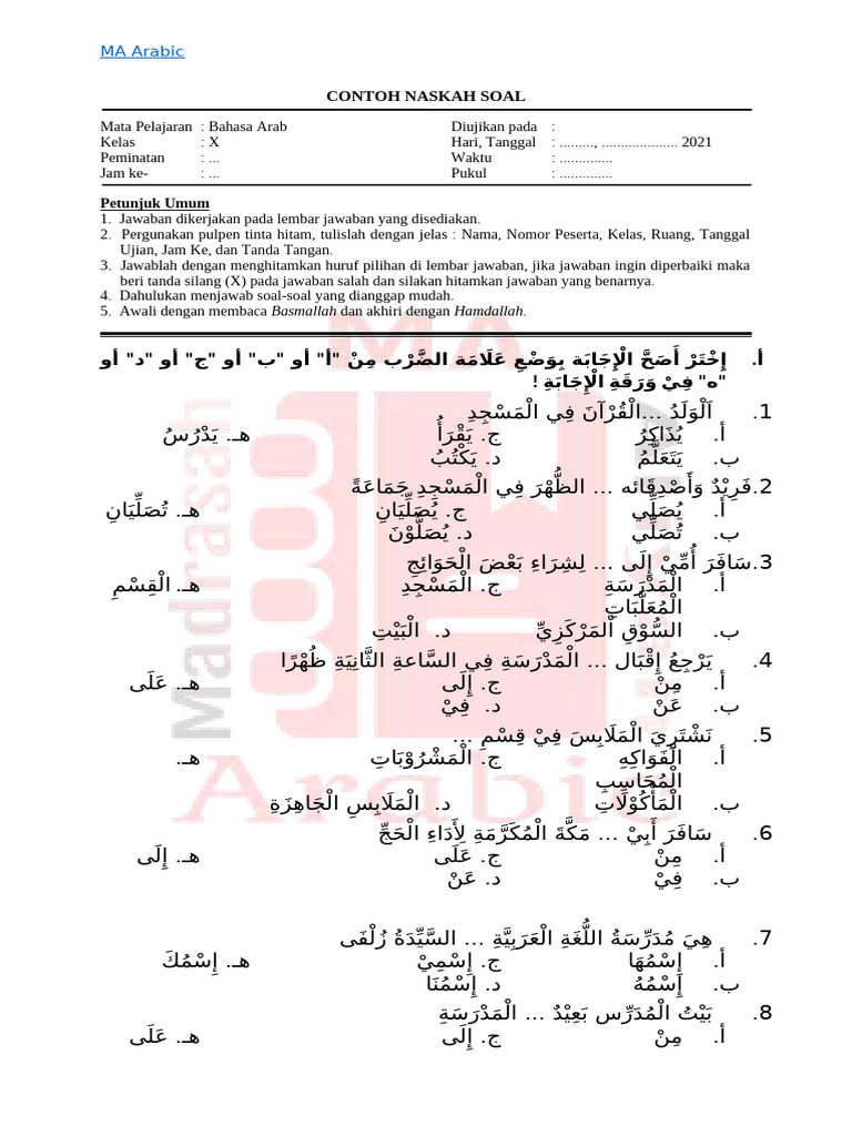 Soal PAT Bahasa Arab MA Kelas X TP 2020-2021 - MA Arabic | PDF