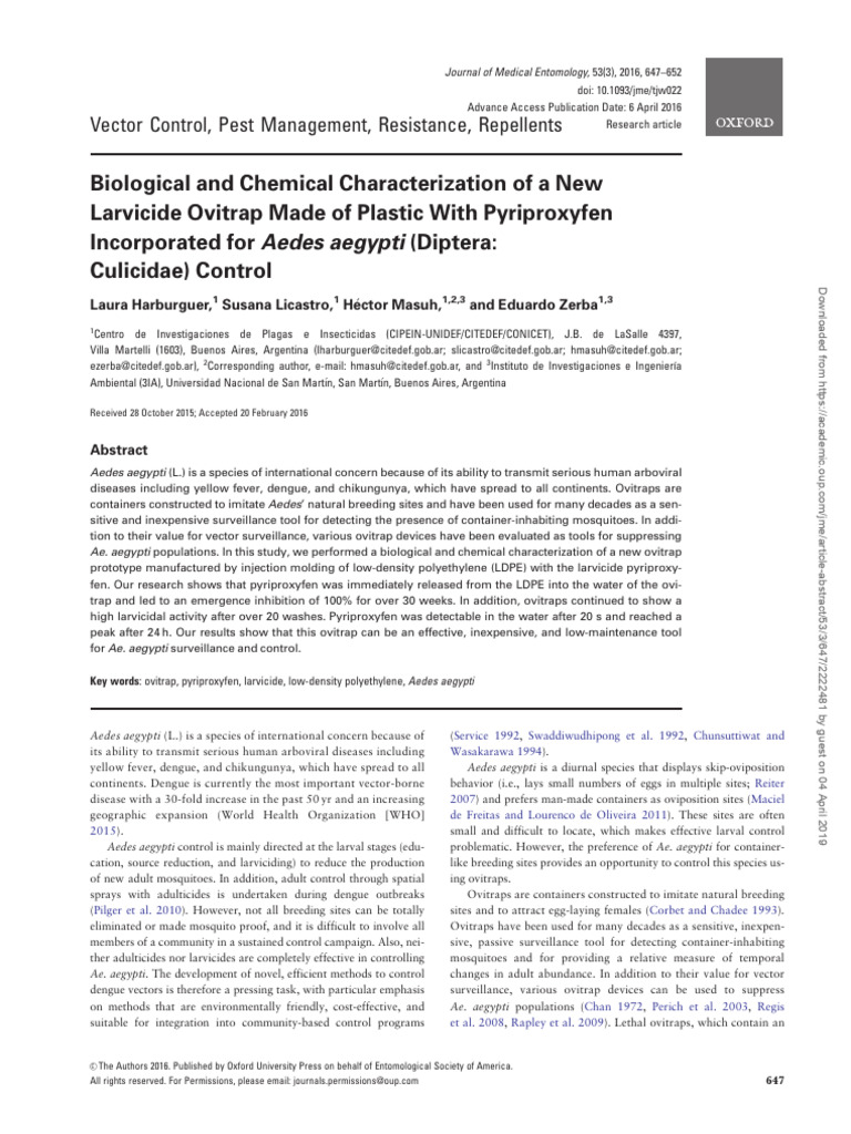 Biological and Chemical Characterization of A New Larvicide Ovitrap ...