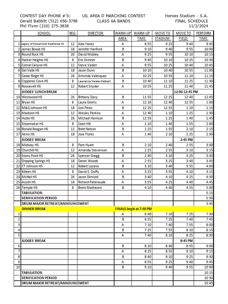 Class 6a Area D Schedule Final 2024 | PDF