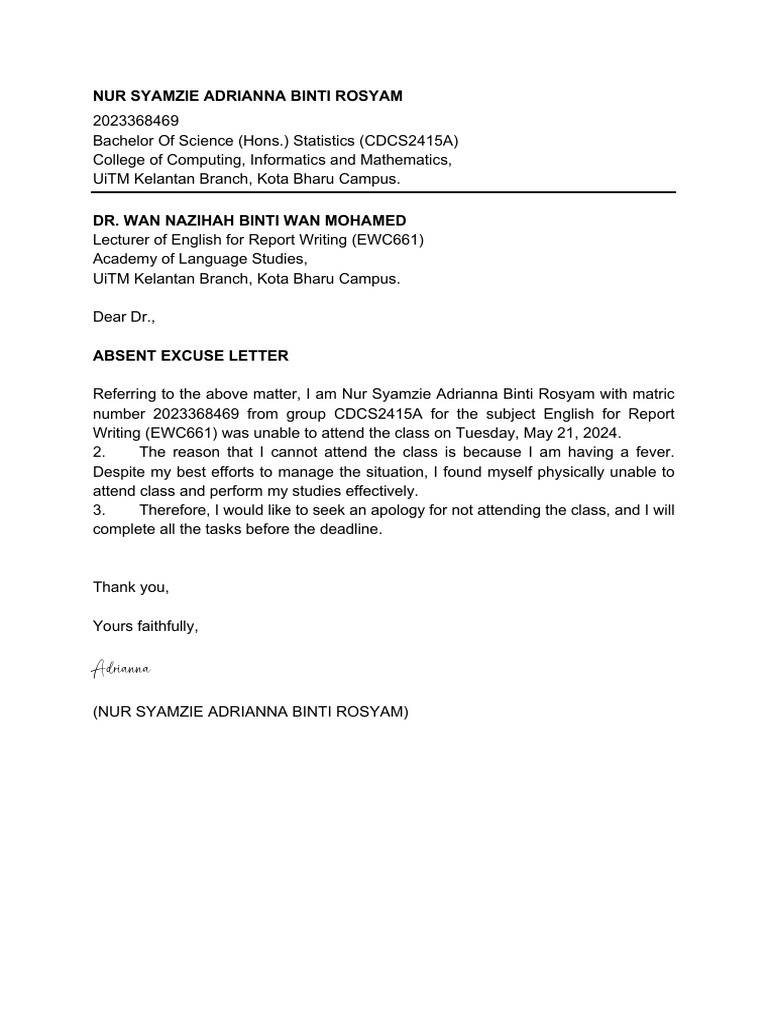 Absent Excuse Letter | PDF | Career & Growth