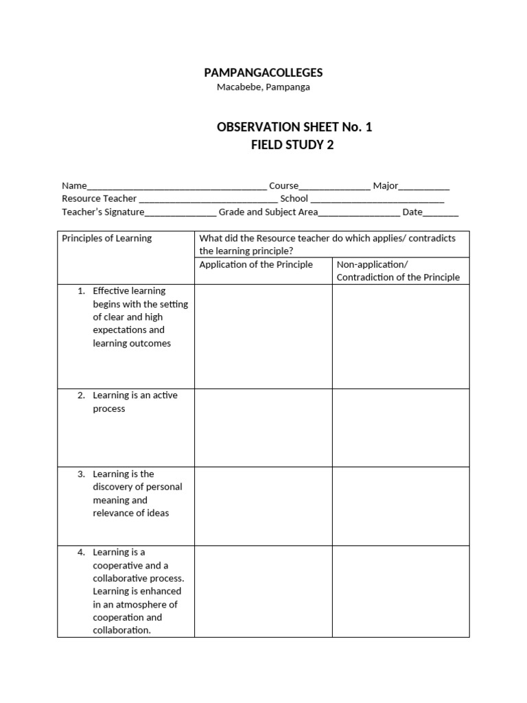 Observation Sheet 1 | PDF | Wellness
