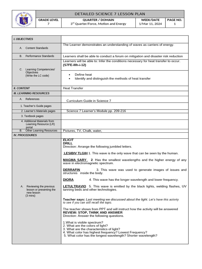 Grade 7 Heat Transfer Lesson Plan | PDF | Heat Transfer | Thermal ...