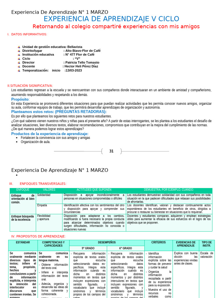 V - Ciclo - Experiencia - de - Aprendizaje - # - 1 | PDF | Aprendizaje | Experiencia