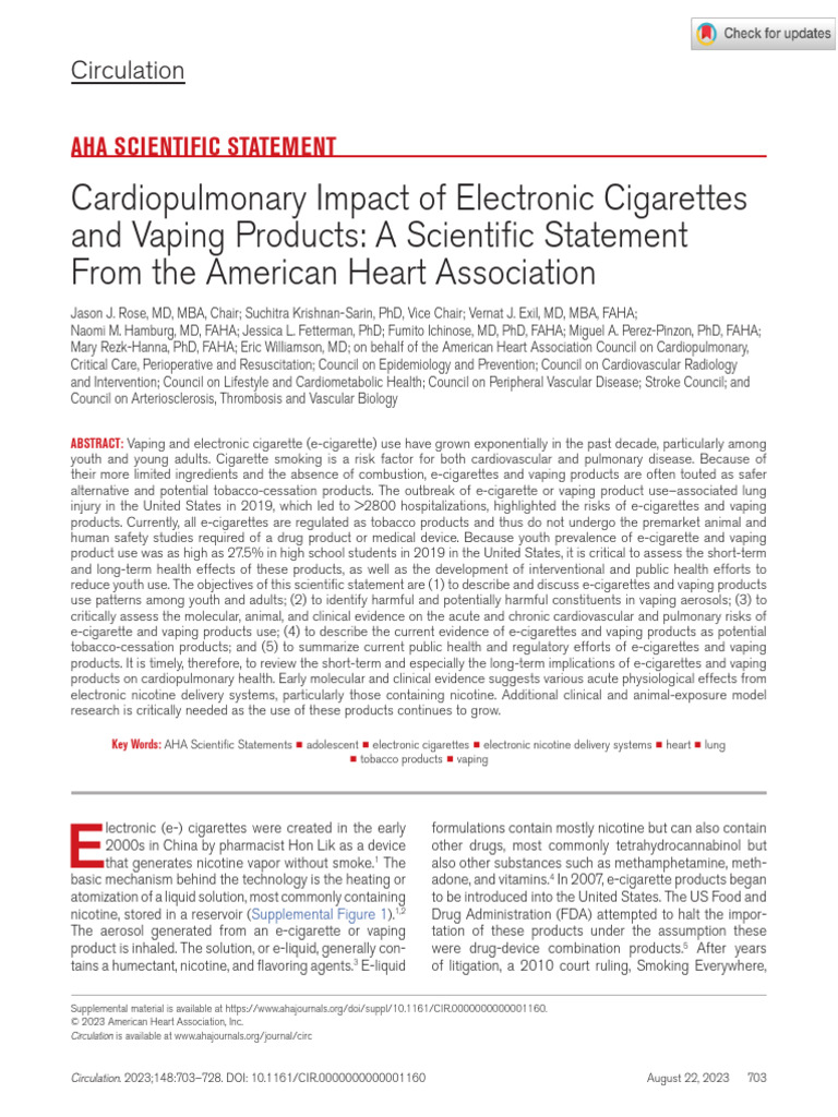 Cardiopulmonary Impact of Electronic Cigarettes and Vaping Products A ...