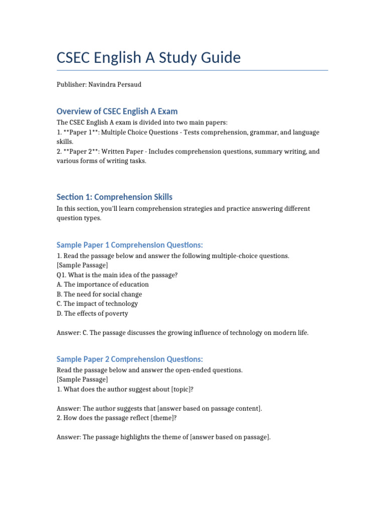 CSEC English A Study Guide Updated Navindra Persaud | PDF | Reading ...