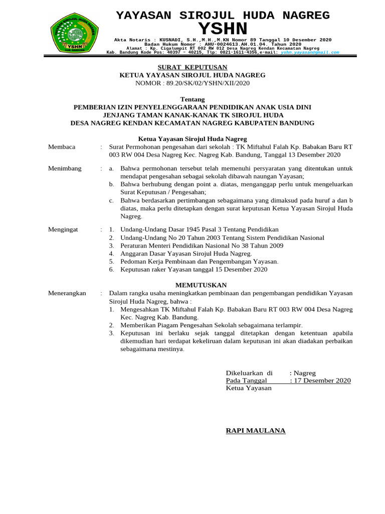 SK YAYASAN - Naungan TK Mifa | PDF