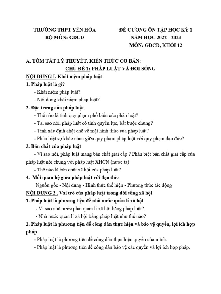 Gdcd 12 Đề Cương Hk1 - môn - 2324 | PDF