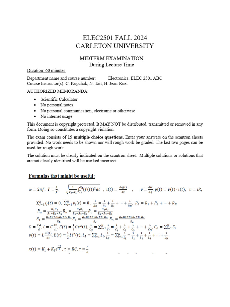 Elec 2501 Formula Sheet | PDF | Science & Mathematics | Technology ...