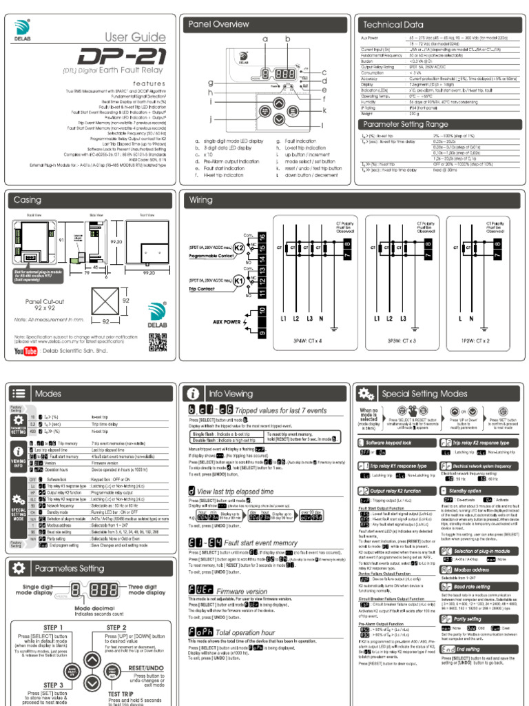 DELAB Digital Earth Fault Relay DTL DP 21 User Guide | PDF
