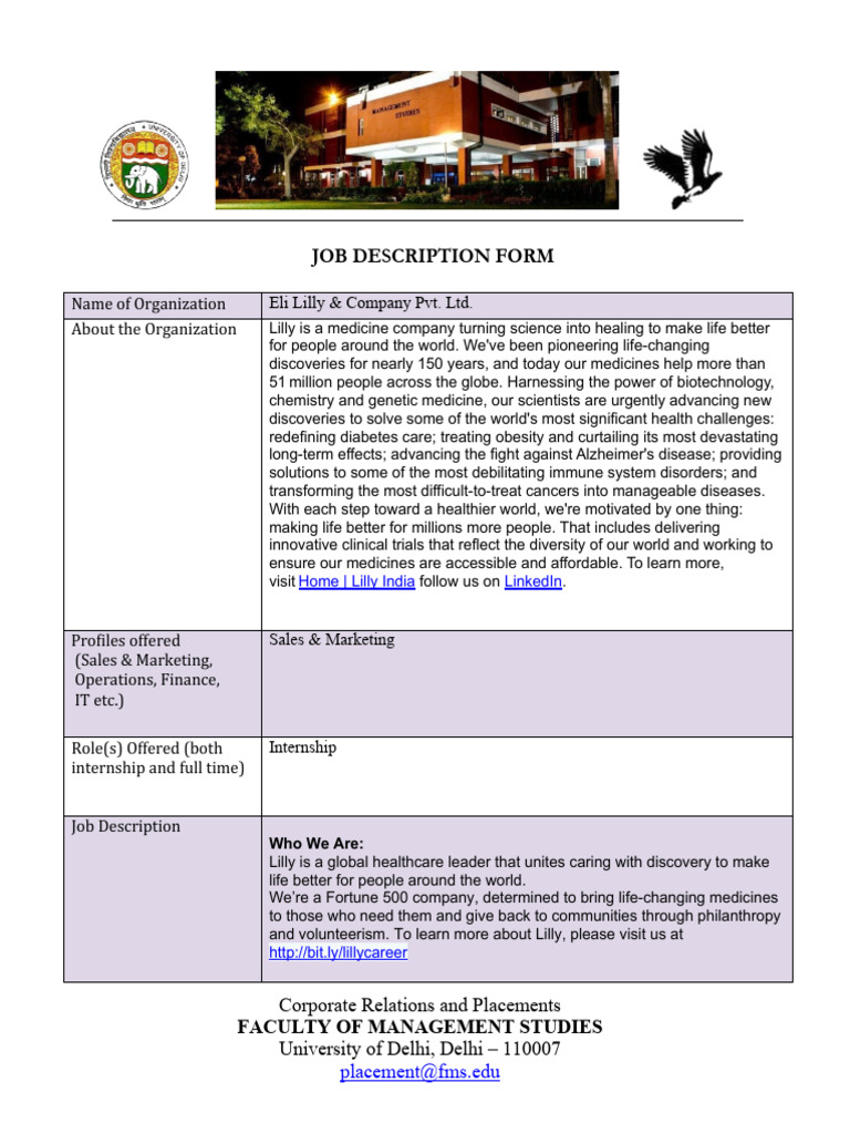 Job Description Form - FMS Delhi - Eli Lilly | PDF | Employee Retention ...