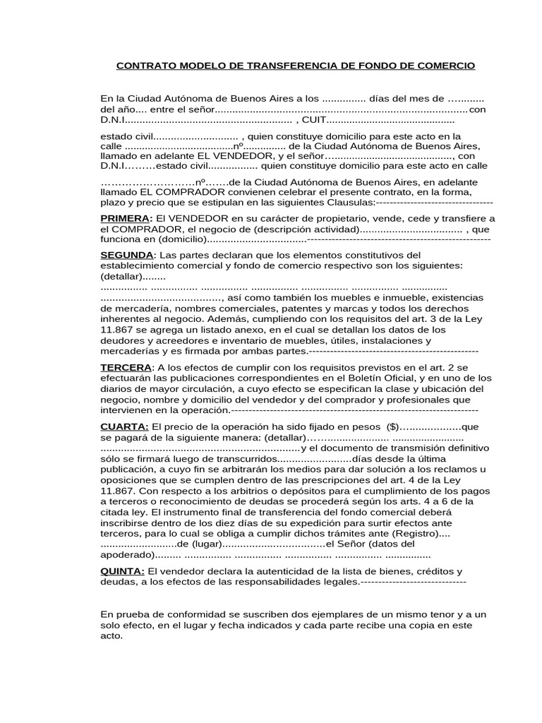 Contrato de Transferencia de Fondo de Comercio | PDF