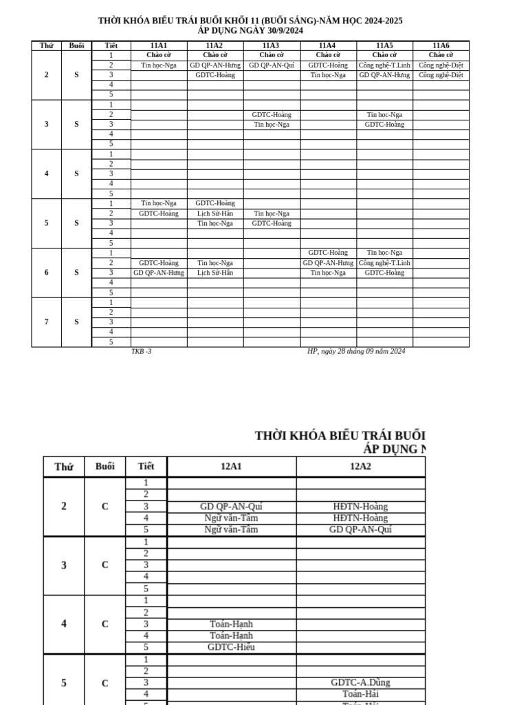 TKB Trai Buoi K 11,12 Lan 3 - Tuan 4 - Ngay 30.9 | PDF