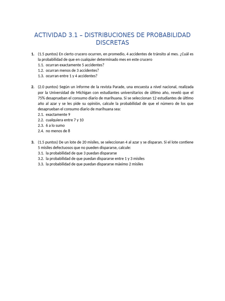 Actividad 3.1 - Distribuciones de Probabilidad Discretas | PDF | Relaciones personales, crianza ...
