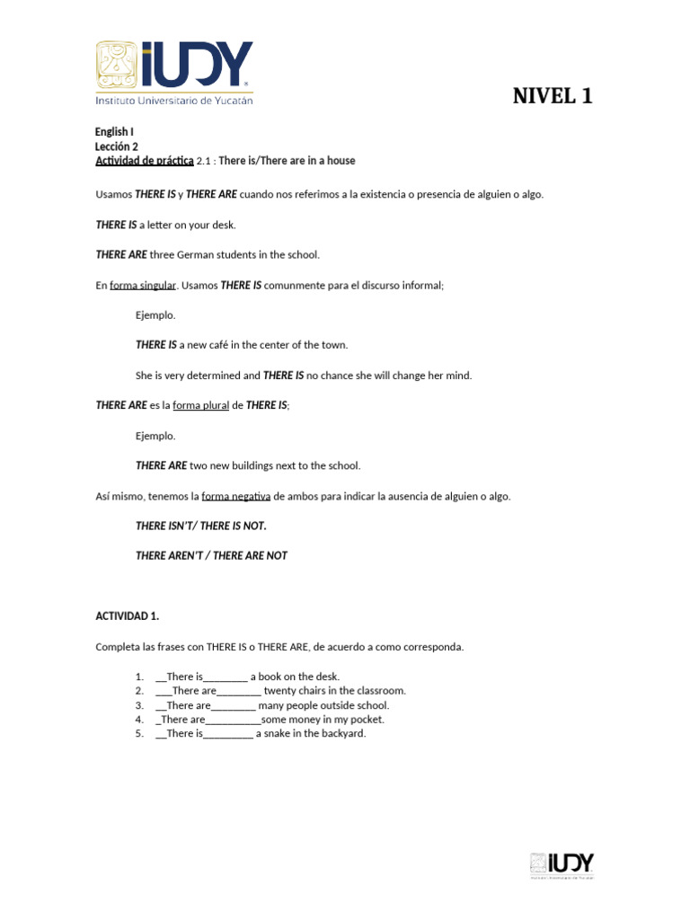 Nivel 1: English I Lección 2 Actividad de Práctica | PDF | Language Arts & Discipline | Foreign ...