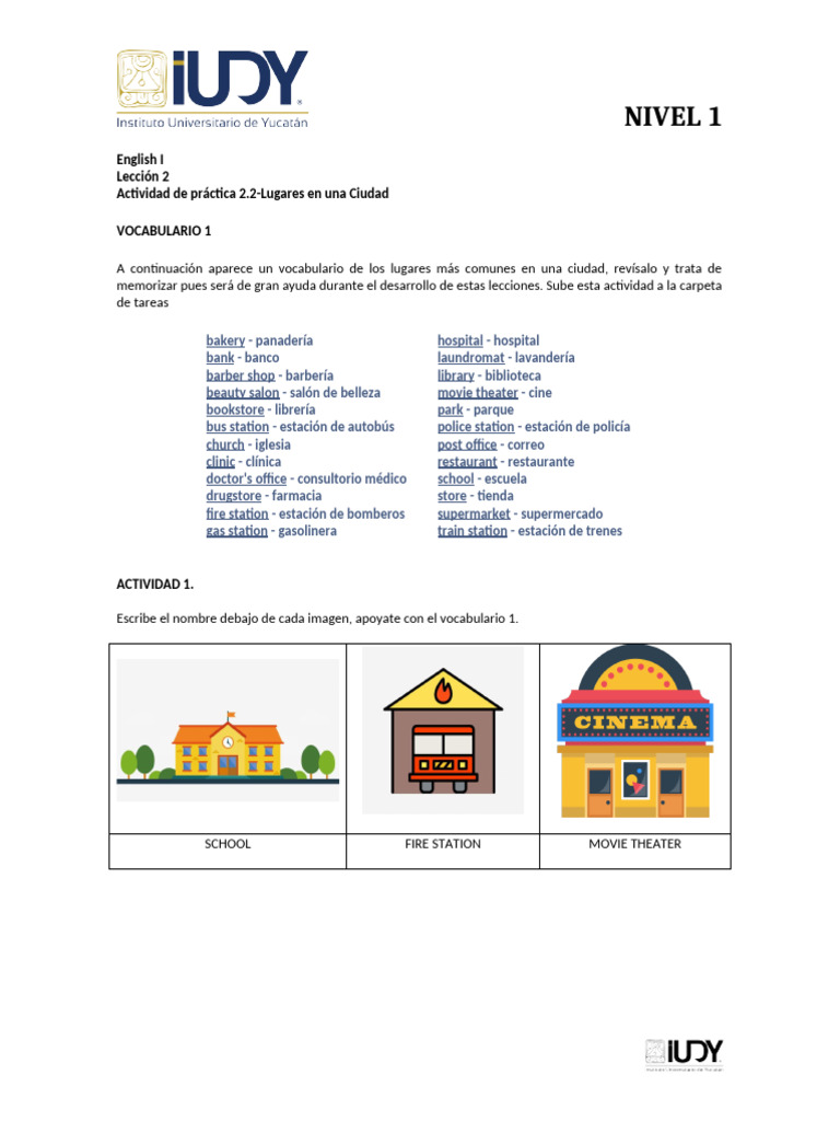 Nivel 1: English I Lección 2 Actividad de Práctica 2.2-Lugares en Una ...
