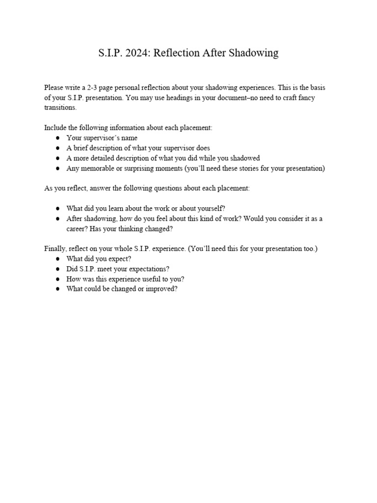 SIP 2024 After Shadowing Reflection | PDF | Business | Self-Improvement