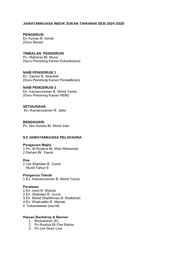 Jawatankuasa Induk Sukan Tahunan Sesi 2024 | PDF