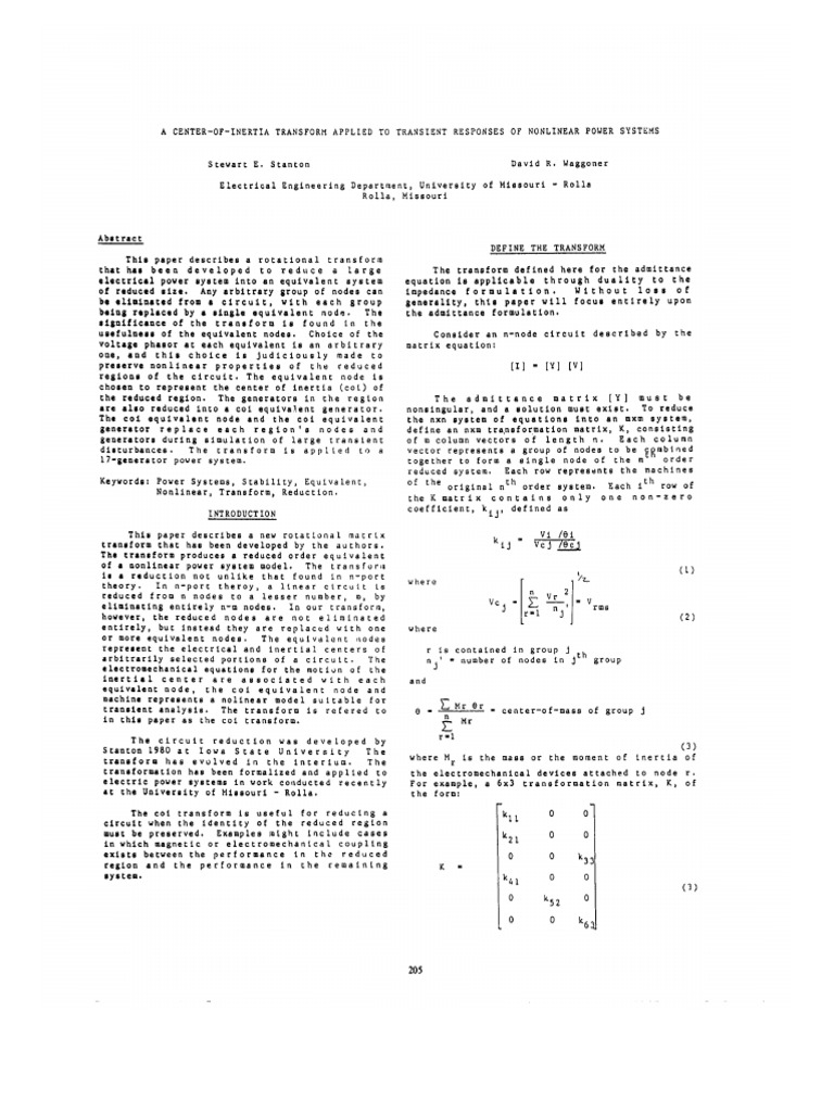 A Center-Of-Inertia Transform Applied To Transient Responses of Nonlinear Power Systems | PDF