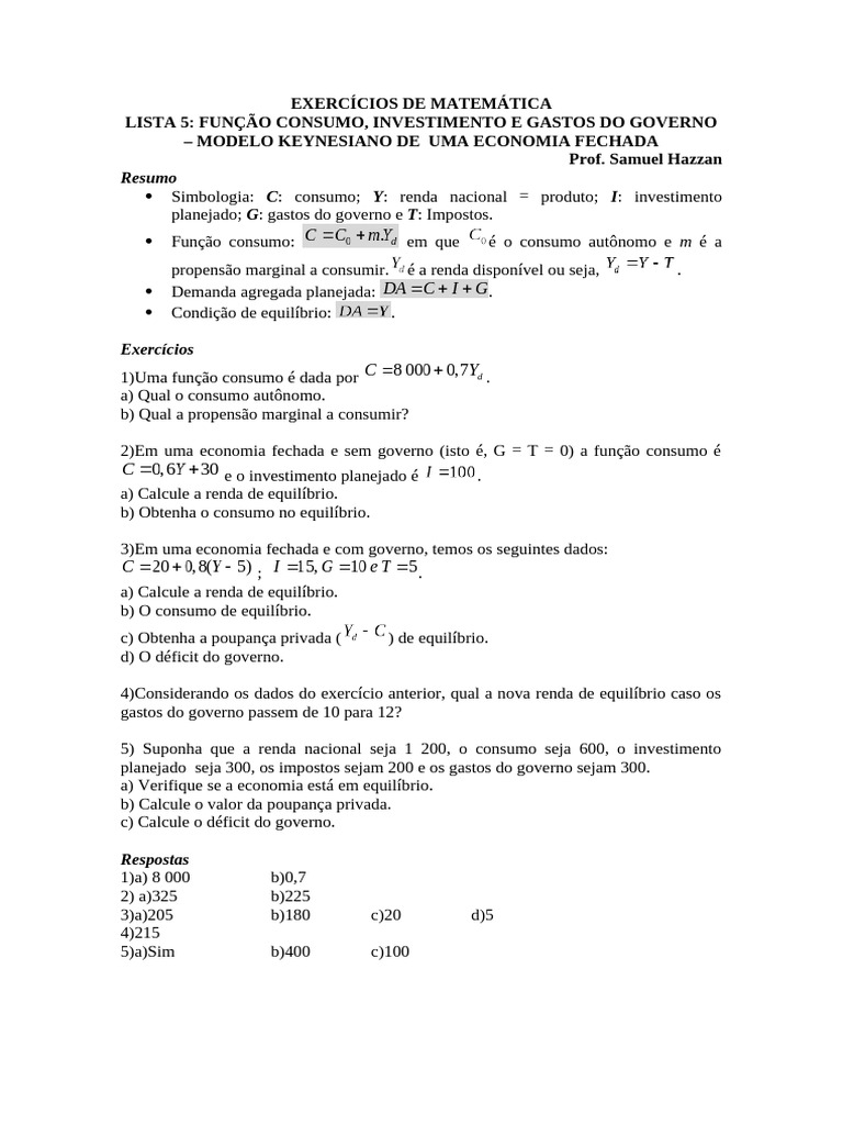 Exercícios sobre Função Consumo e Equilíbrio Econômico | PDF | Ciências ...